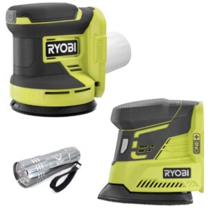 buho cordless power sander accessory bundle -18 volt with ryobi 5 inch random orbit sander corner cat finish sander pocket flashlight (bare tool items no battery included)