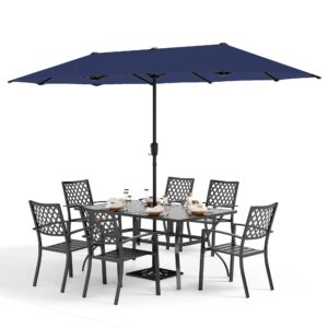 phi villa 8 piece patio outdoor dining set with 13ft double-sided patio umbrella,metal outdoor table furniture set with 6 outdoor stackable chairs, 1 rectangle dining table and 1 large umbrella