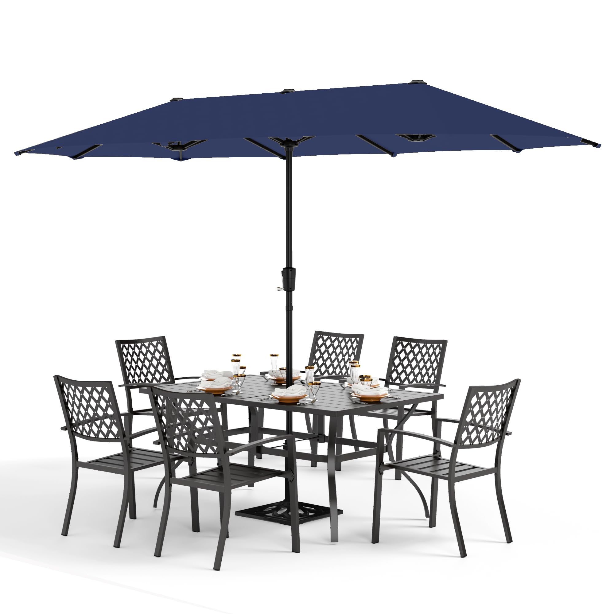 PHI VILLA 8 Piece Patio Outdoor Dining Set with 13ft Double-Sided Patio Umbrella,Metal Outdoor Table Furniture Set with 6 Outdoor Stackable Chairs, 1 Rectangle Dining Table and 1 Large Umbrella