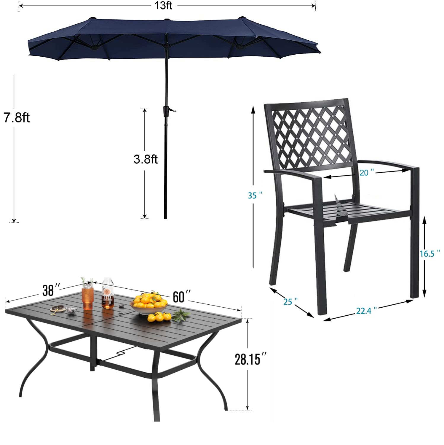 PHI VILLA 8 Piece Patio Outdoor Dining Set with 13ft Double-Sided Patio Umbrella,Metal Outdoor Table Furniture Set with 6 Outdoor Stackable Chairs, 1 Rectangle Dining Table and 1 Large Umbrella