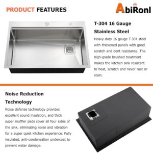 33 Inch Drop In Kitchen Sink Stainless Steel- Abironl 33"x22" Top Mount Kitchen Sink Workstation Ledge 16 Gauge Stainless Steel Kitchen Sink Single Bowl Kitchen Sink with Accessories