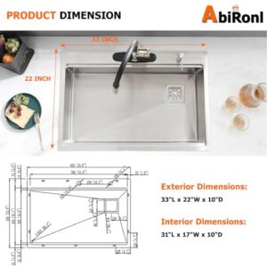 33 Inch Drop In Kitchen Sink Stainless Steel- Abironl 33"x22" Top Mount Kitchen Sink Workstation Ledge 16 Gauge Stainless Steel Kitchen Sink Single Bowl Kitchen Sink with Accessories