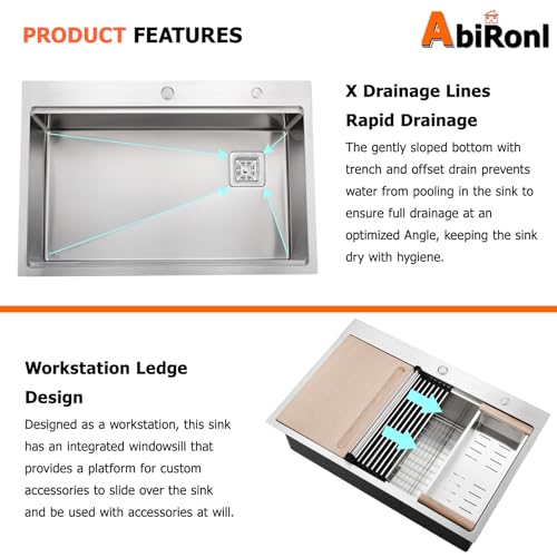 33 Inch Drop In Kitchen Sink Stainless Steel- Abironl 33"x22" Top Mount Kitchen Sink Workstation Ledge 16 Gauge Stainless Steel Kitchen Sink Single Bowl Kitchen Sink with Accessories