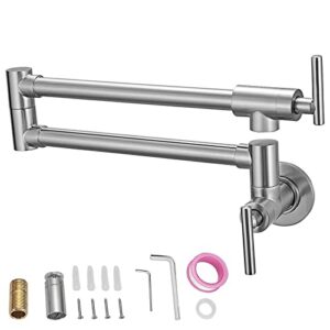 vevor pot filler faucet, solid brass commercial wall mount kitchen stove faucet with gold brushed finish, folding restaurant sink faucet with double joint swing arm & 2 handles