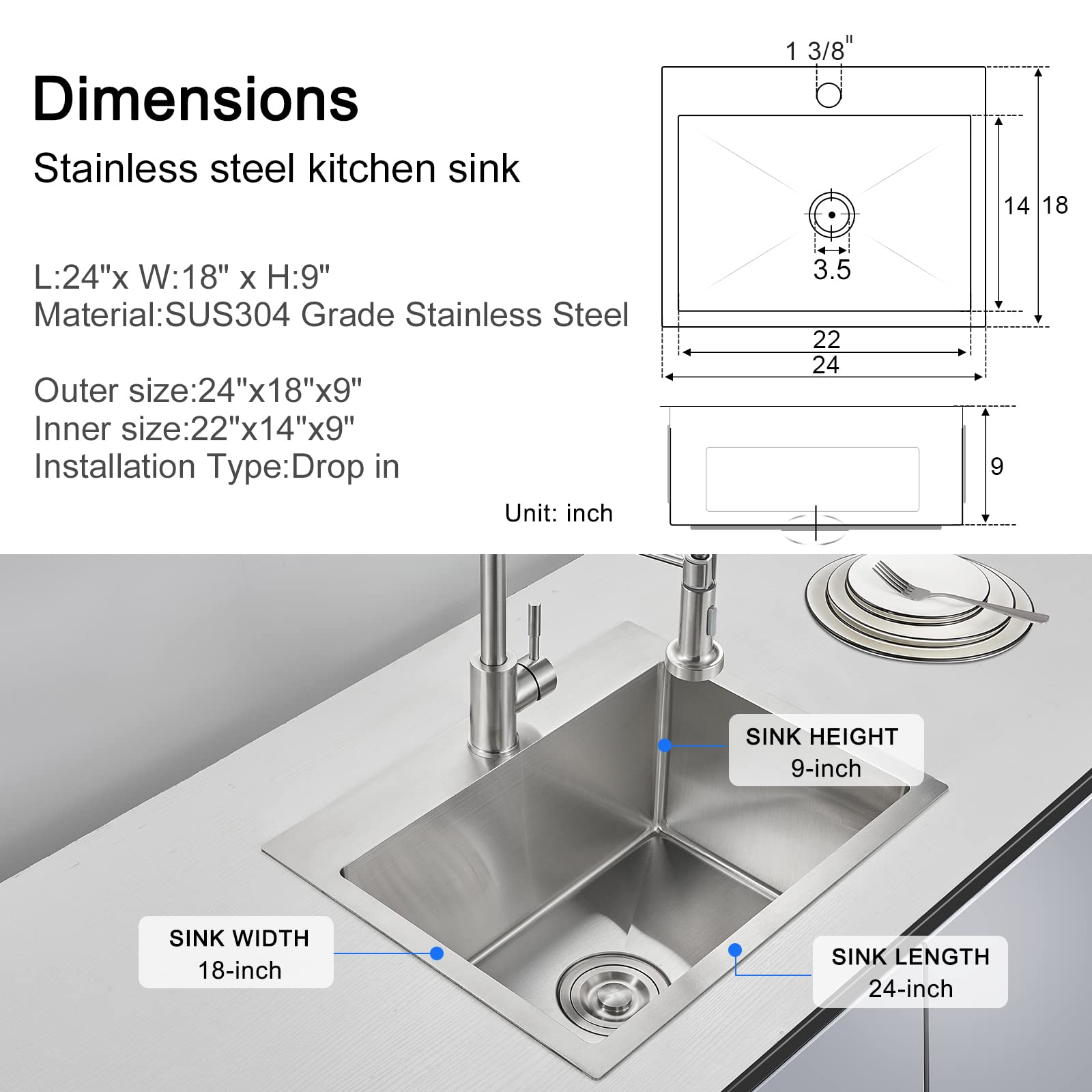 TSIBOMU 24 Inch Kitchen Sink Drop-in, 18 Gauge Stainless Steel Single Bowl Single Faucet Hole Top Mount Workstation Sink, 24x18x9