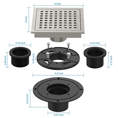 6 Inch Square Shower Floor Drain, Brushed Nickel High Flow Shower Drain Kit with Flange, Removable Grid Cover and Hair Filter, Food-Grade SUS 304 Stainless Steel, CUPC Certified(Brushed Nickel)