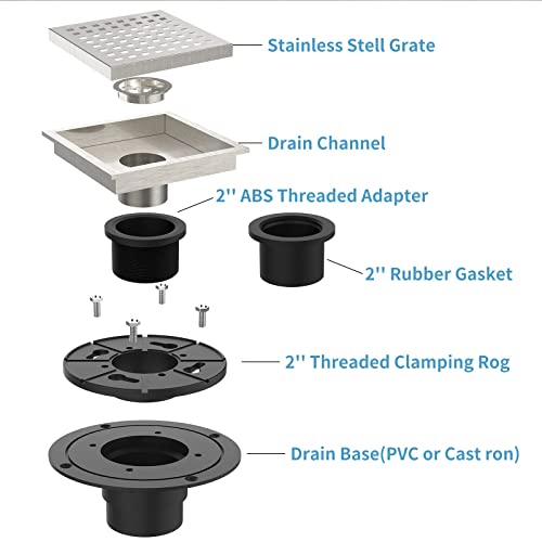 6 Inch Square Shower Floor Drain, Brushed Nickel High Flow Shower Drain Kit with Flange, Removable Grid Cover and Hair Filter, Food-Grade SUS 304 Stainless Steel, CUPC Certified(Brushed Nickel)