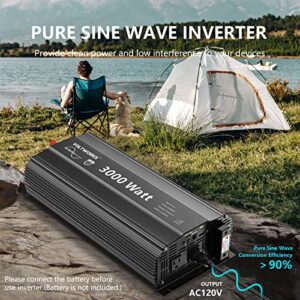 3000W Pure Sine Wave Inverter 12V DC to 120V AC Converter for Home RV Truck Off-Grid Solar Power Inverter 12V to 110V with 5V 2.4A USB Port AC Hardwire Remote Controller by VOLTWORKS Black