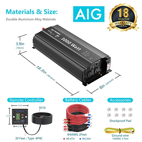 3000W Pure Sine Wave Inverter 12V DC to 120V AC Converter for Home RV Truck Off-Grid Solar Power Inverter 12V to 110V with 5V 2.4A USB Port AC Hardwire Remote Controller by VOLTWORKS Black