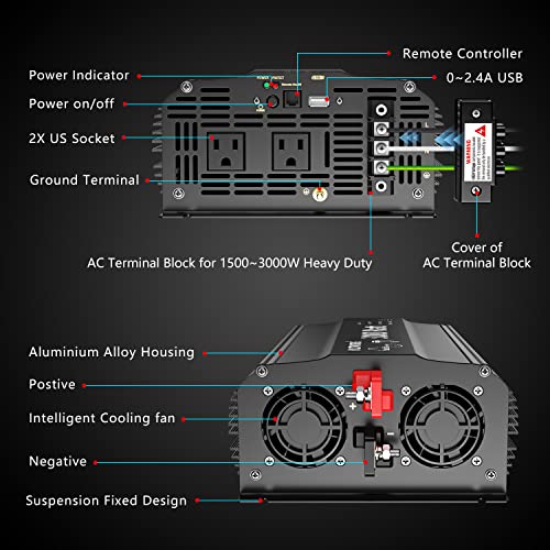 3000W Pure Sine Wave Inverter 12V DC to 120V AC Converter for Home RV Truck Off-Grid Solar Power Inverter 12V to 110V with 5V 2.4A USB Port AC Hardwire Remote Controller by VOLTWORKS Black