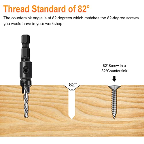 Countersink Drill Bit Set, Woodworking Chamfered Adjustable Counter Sinker Tools on Counter Sink Holes with 1/4" Hex Shank for DIY Woodworking with One L-Wrench