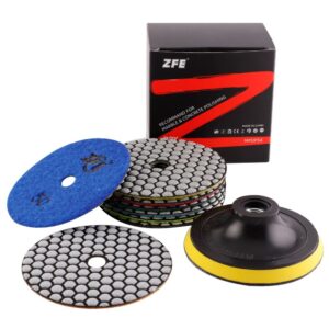 diamond polishing pads, zfe 9pcs 4 inch 100mm dry polishing pads set with 5/8”-11 backing plate for granite concrete marble quartz stone countertop polishing