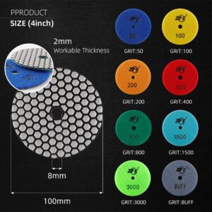 Diamond Polishing Pads, ZFE 9Pcs 4 Inch 100mm Dry Polishing Pads Set with 5/8”-11 Backing Plate for Granite Concrete Marble Quartz Stone Countertop Polishing