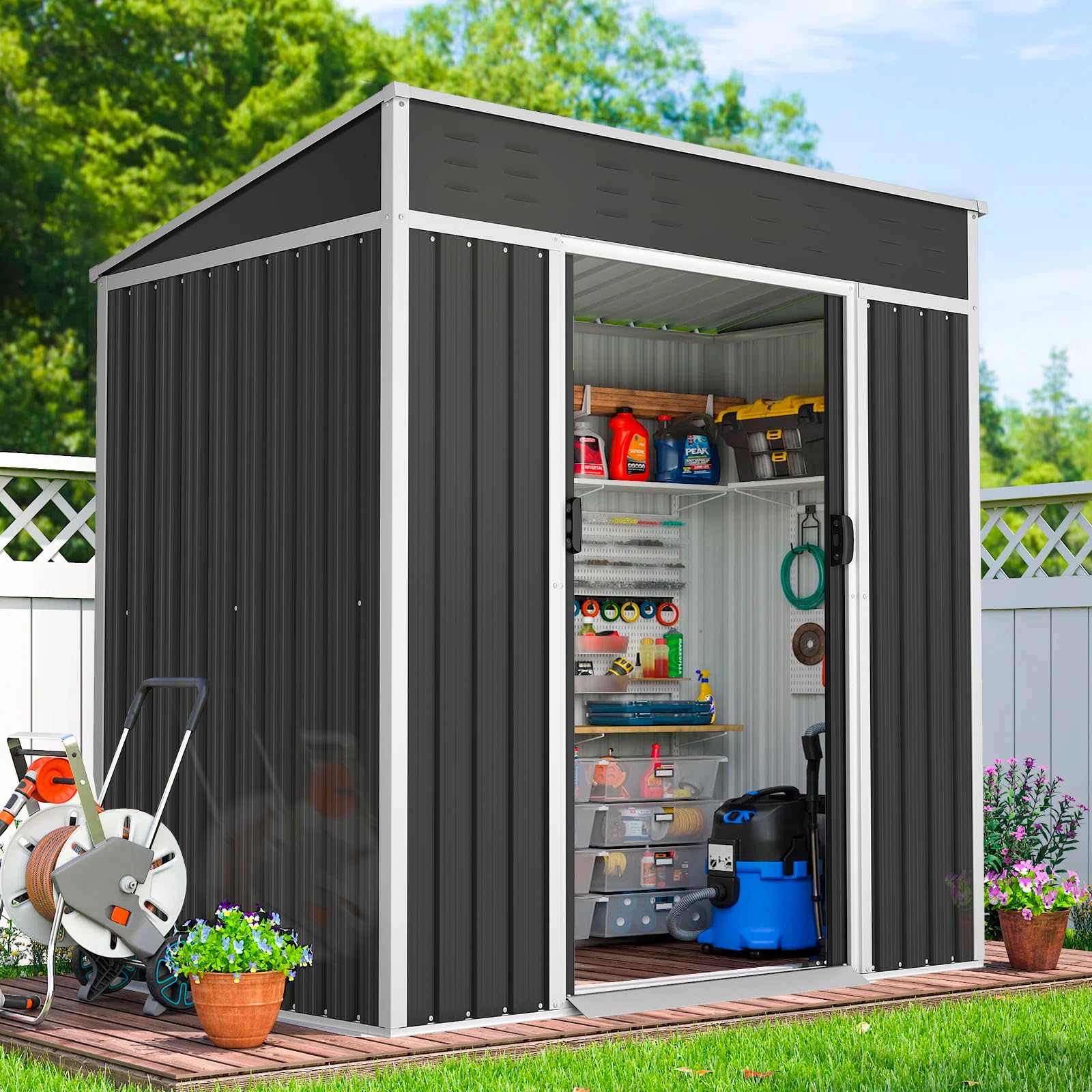 Patiomore 4X6 FT Outdoor Garden Storage Shed Yard Tool Storage Steel House with Sliding Door (White)