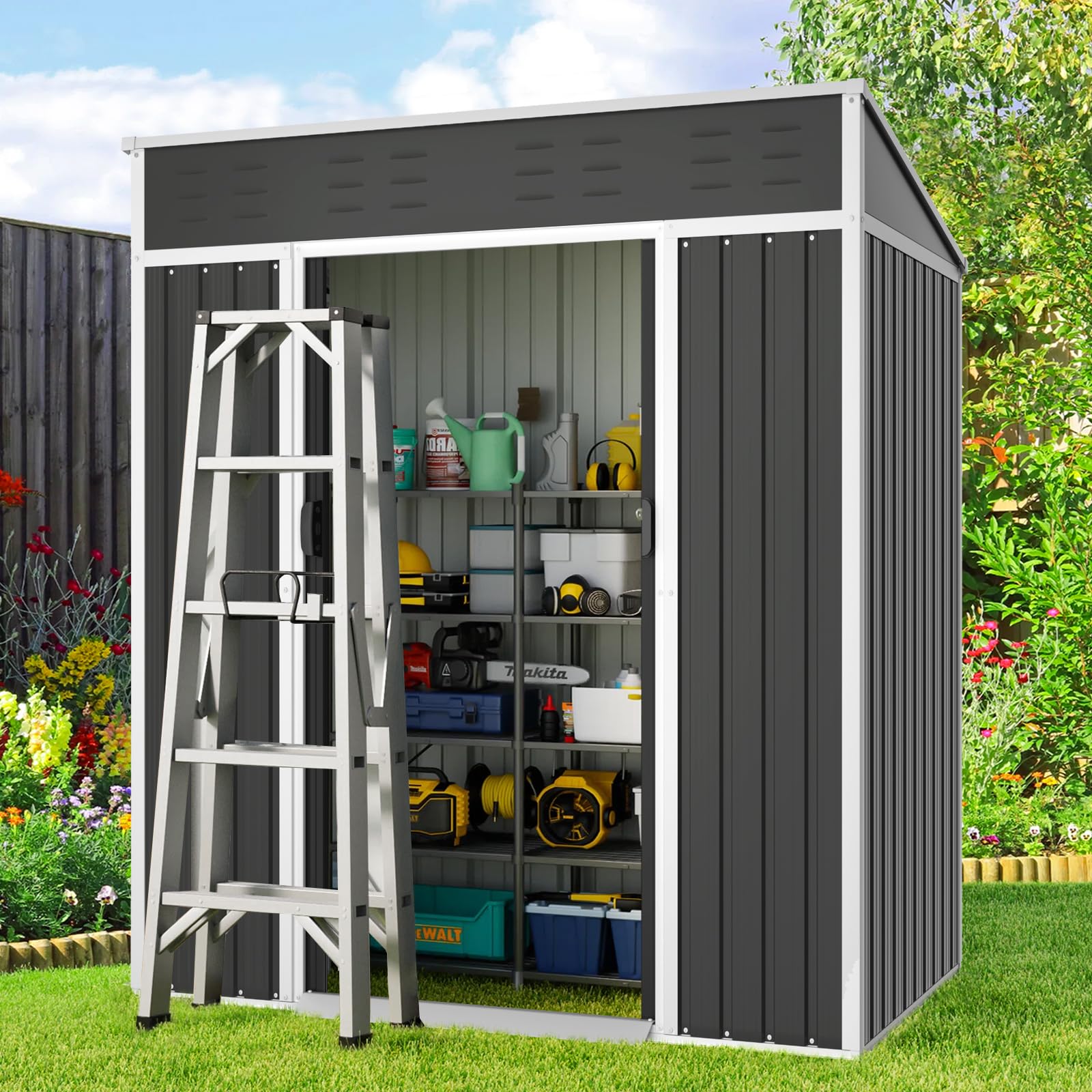 Patiomore 4X6 FT Outdoor Garden Storage Shed Yard Tool Storage Steel House with Sliding Door (White)