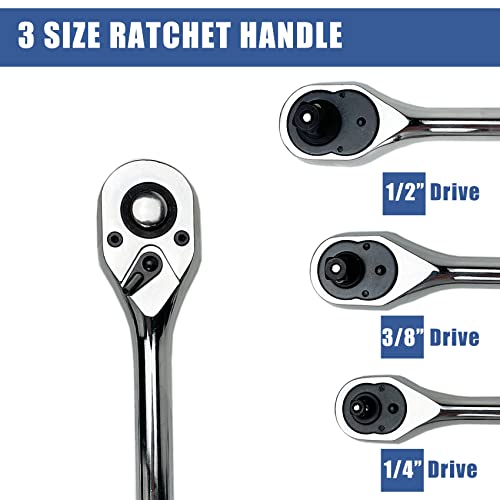 TR TOOLROCK 3 Piece Ratchet Set, 1/4”, 3/8”, 1/2” Drive, 72-Tooth Ratchet Wrench, Quick-release Reversible Drive Socket Wrench, Heavy Duty CR-V Ratchet Set