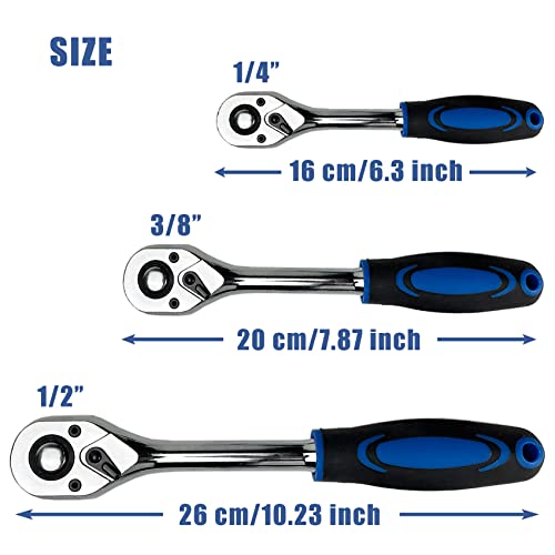 TR TOOLROCK 3 Piece Ratchet Set, 1/4”, 3/8”, 1/2” Drive, 72-Tooth Ratchet Wrench, Quick-release Reversible Drive Socket Wrench, Heavy Duty CR-V Ratchet Set