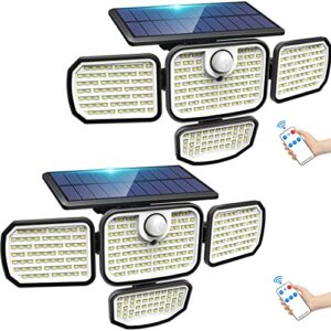 [2 pack] solar lights outdoor motion sensor, 286 led 3000 lm solar security lights with remote control, ip65 waterproof,4 heads solar flood lights with 3 modes for front door backyard garage deck