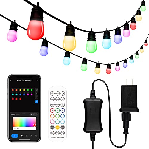 Smart Outdoor String Lights, RGB+IC 2700K Outdoor LED Patio Lights, 49ft with 15 S14 Bulbs, WiFi String Lights, Work with Alexa/Google Assistant, Waterproof, DIY Scene, APP/Remote Control