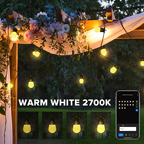 Smart Outdoor String Lights, RGB+IC 2700K Outdoor LED Patio Lights, 49ft with 15 S14 Bulbs, WiFi String Lights, Work with Alexa/Google Assistant, Waterproof, DIY Scene, APP/Remote Control