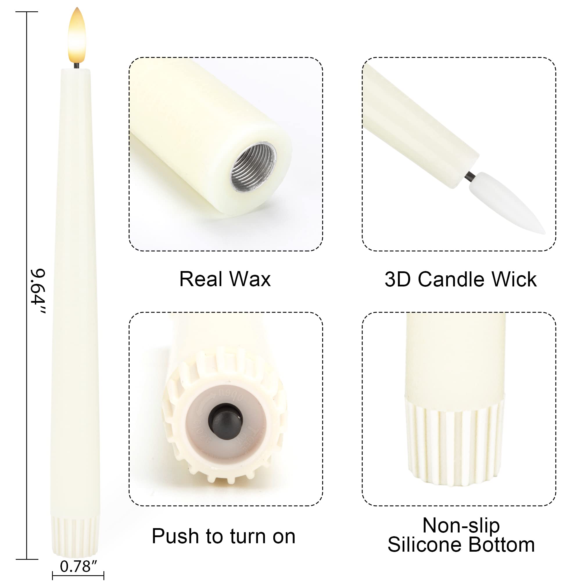 Flameless Taper Candles with 3D Wick, 9.6" Real Wax LED Candles with Remote and Timer, 3 Pack Flickering Candlesticks Battery Operated, Classic Tall Taper Candles for Home, Wedding, Party, Ivory