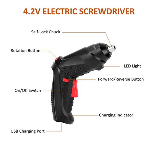 AZFUNN Electric Screwdriver Kit with Pivoting Handle, Rechargeable 4.2V Cordless Drill Set Power Tools with 46 Pieces Screwdriver Bits, 3.5Nm Screw Gun, LED Light, Flexible Shaft