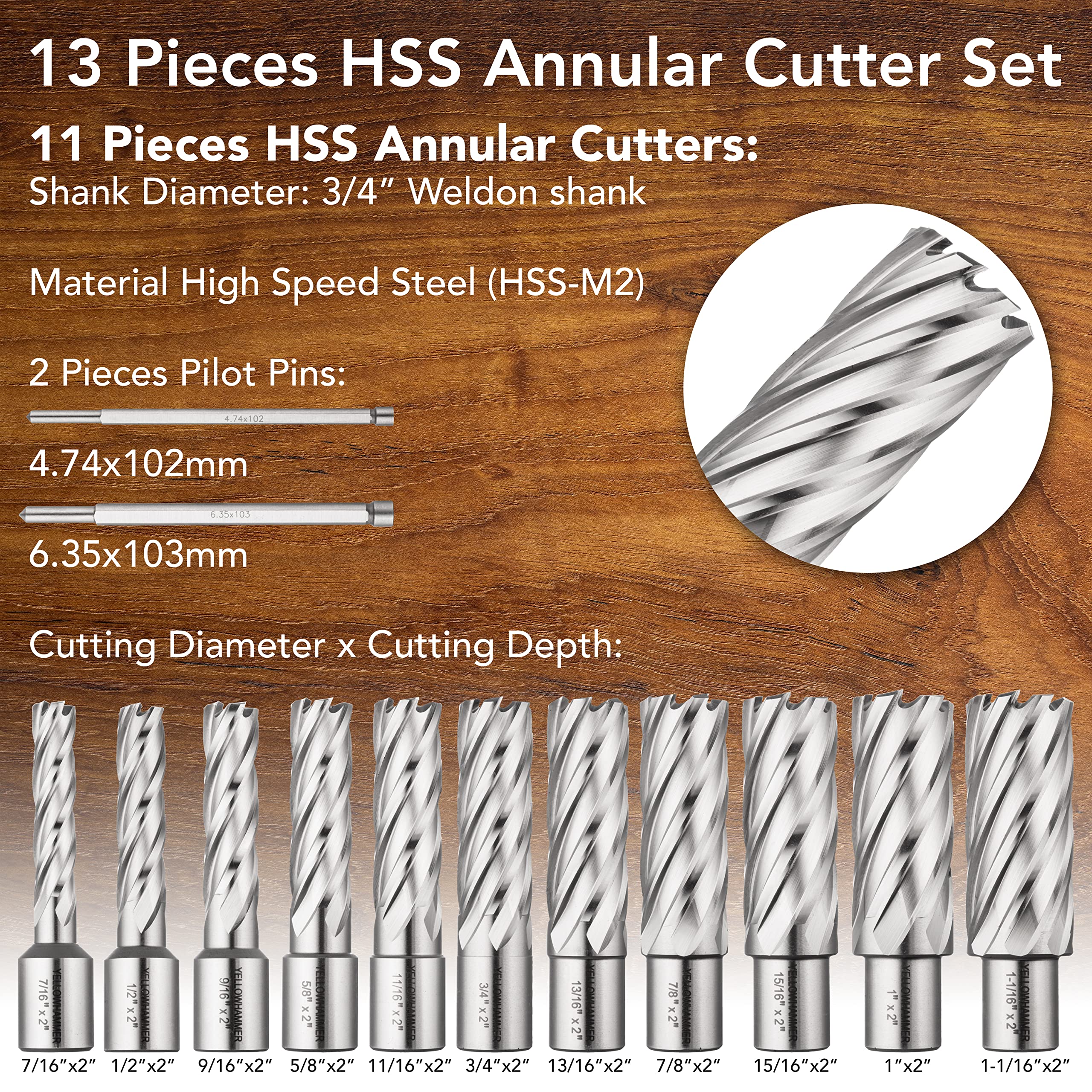 Yellowhammer 13 PC Premium Annular Cutter Set, 3/4” Weldon Shank, 2” Cutting Depth, Diameters: 7/16",1/2",9/16",11/16",5/8",3/4",13/16",7/8",15/16",1",1-1/16"), 2 pilot pins (4.74x102mm, 6.34x103mm)