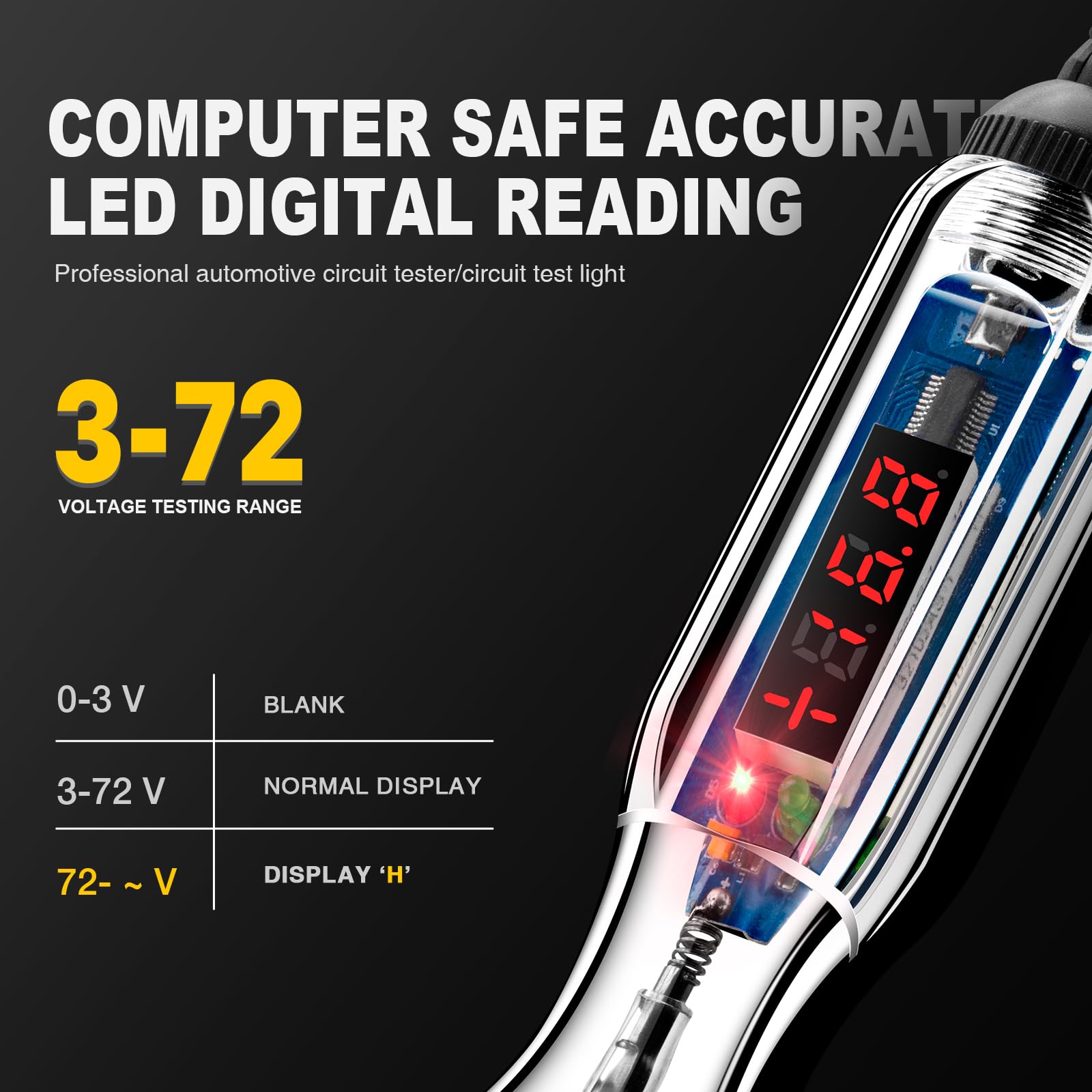 WINAMOO Upgraded 3-72V Digital Automotive LED Circuit Tester, DC Voltage Test Light with Voltmeter & Portable Spring Wire, Vehicle Circuits Low Voltage Light Tester Pen with Sharp Stainless Probe