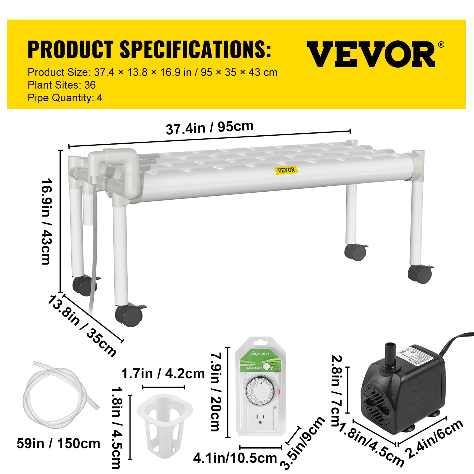 VEVOR Hydroponics Growing System, 36 Sites 4 Food-Grade PVC-U Pipes, 1 Layer Indoor Planting Kit with Water Pump, Timer, Nest Basket, Sponge for Fruits, Vegetables, Herb, White