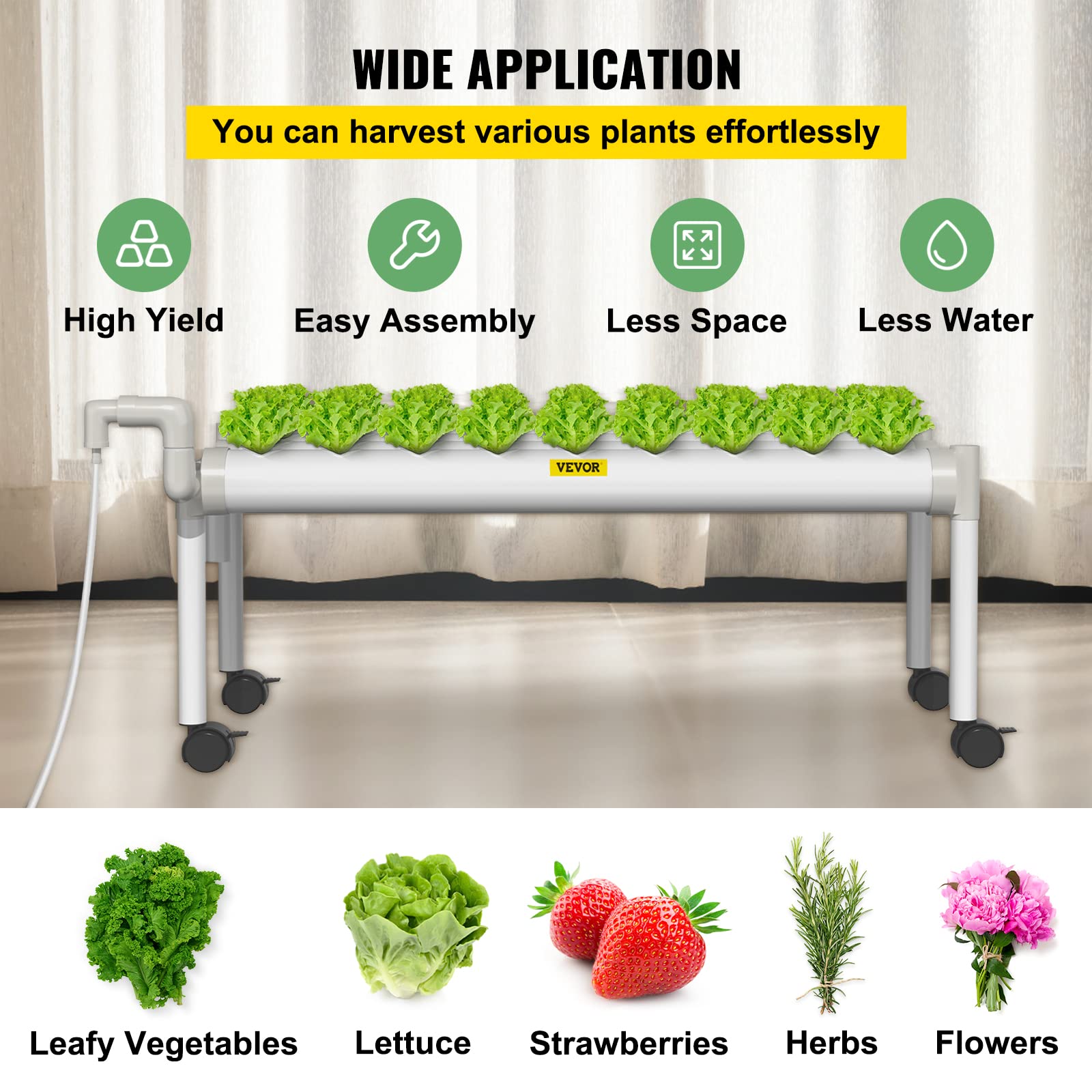 VEVOR Hydroponics Growing System, 36 Sites 4 Food-Grade PVC-U Pipes, 1 Layer Indoor Planting Kit with Water Pump, Timer, Nest Basket, Sponge for Fruits, Vegetables, Herb, White