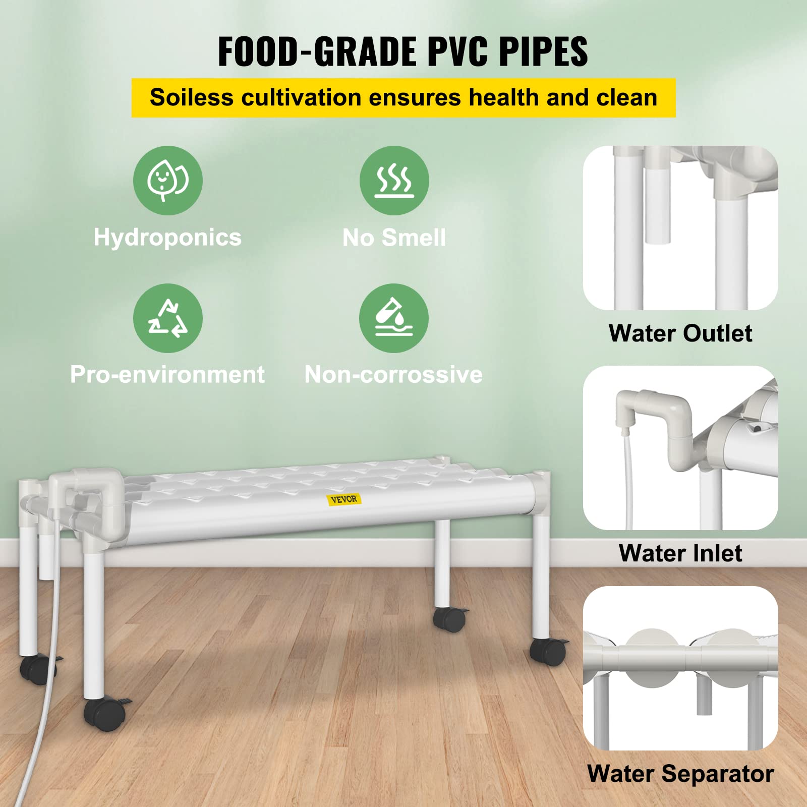 VEVOR Hydroponics Growing System, 36 Sites 4 Food-Grade PVC-U Pipes, 1 Layer Indoor Planting Kit with Water Pump, Timer, Nest Basket, Sponge for Fruits, Vegetables, Herb, White