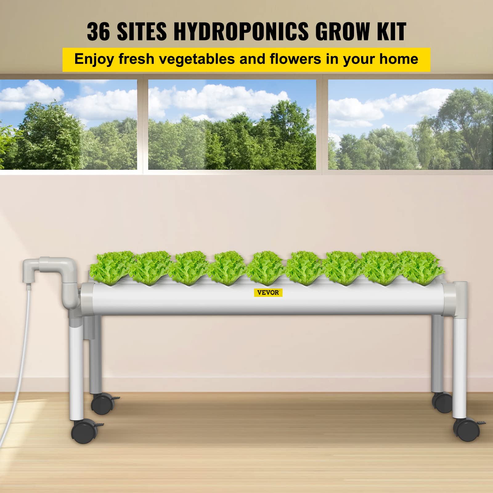 VEVOR Hydroponics Growing System, 36 Sites 4 Food-Grade PVC-U Pipes, 1 Layer Indoor Planting Kit with Water Pump, Timer, Nest Basket, Sponge for Fruits, Vegetables, Herb, White