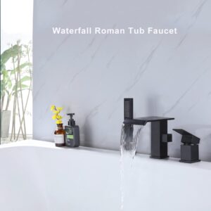 NIITAWH Waterfall Roman Tub Faucet with Hand Shower Matte Black High Flow Bathtub Faucet 3 Hole Widespread Tub Filler Deck Mount Solid Brass