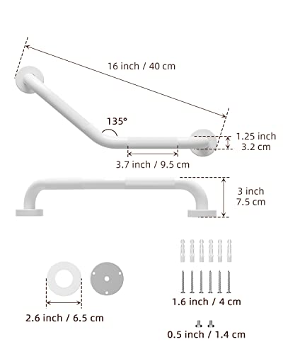 16 Inch Angled Shower Grab Bar White, Munzong 2 Pack Anti Slip Bathroom Grab Bar, Knurled Bathroom Balance Bar,Safety Hand Rail Support Handicap Elderly Injury Senior Assist Bath Handle-1.25” Tube