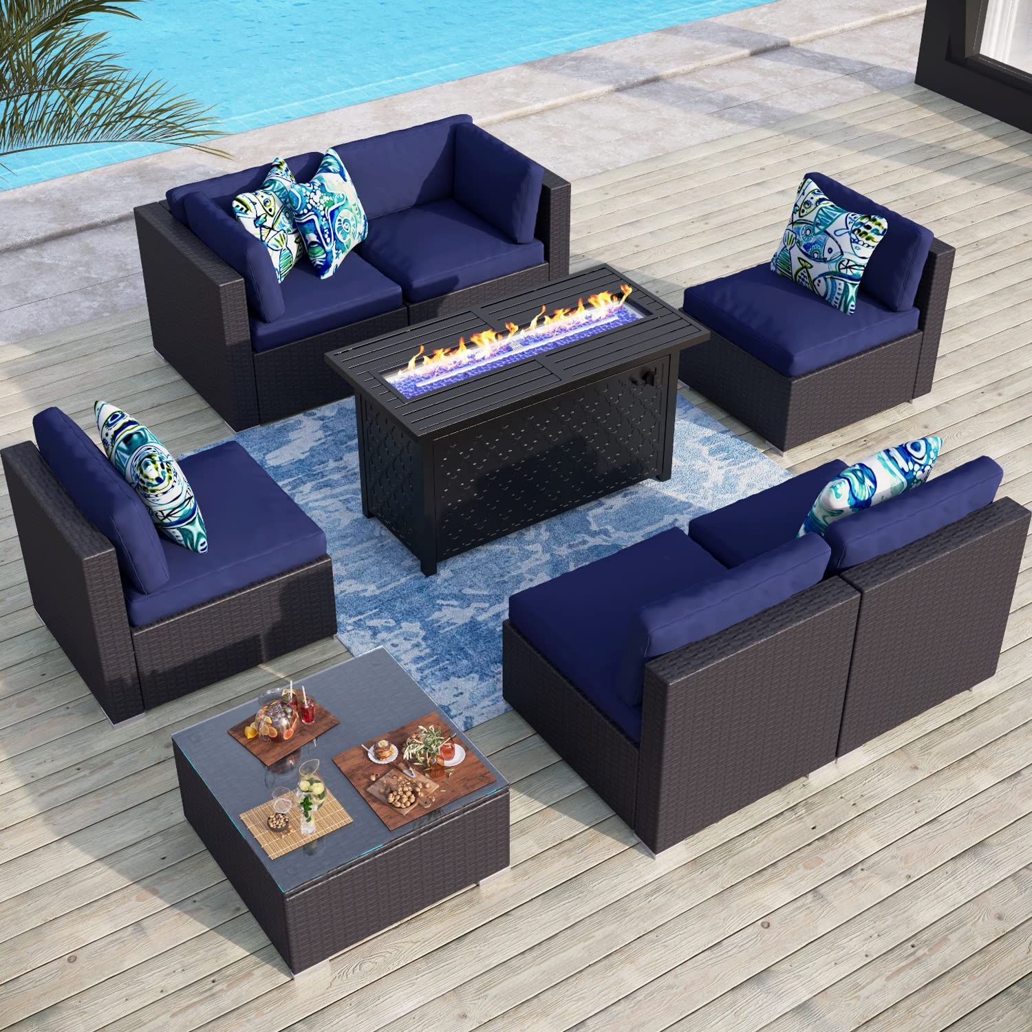 Sophia & William 8 PCS Patio Furniture Set with 45-Inch Fire Pit Table All-Weather Rattan Patio Conversation Set Outdoor Sectional Sofa w/Coffee Table, Propane Fire Pit(Navy Blue)