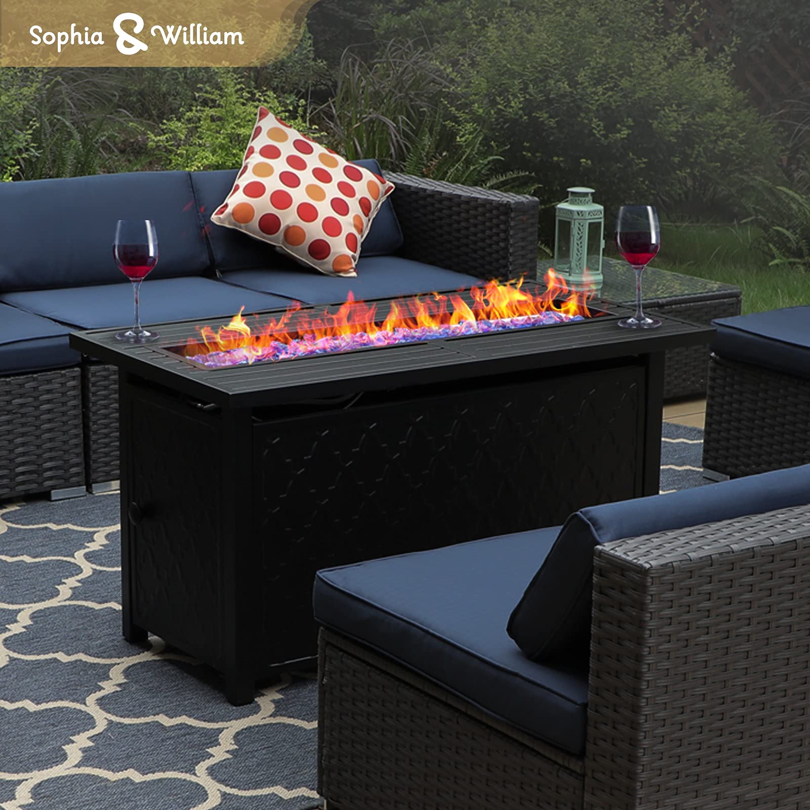 Sophia & William 8 PCS Patio Furniture Set with 45-Inch Fire Pit Table All-Weather Rattan Patio Conversation Set Outdoor Sectional Sofa w/Coffee Table, Propane Fire Pit(Navy Blue)