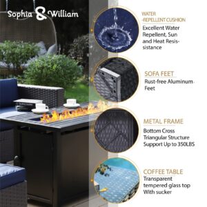 Sophia & William 8 PCS Patio Furniture Set with 45-Inch Fire Pit Table All-Weather Rattan Patio Conversation Set Outdoor Sectional Sofa w/Coffee Table, Propane Fire Pit(Navy Blue)