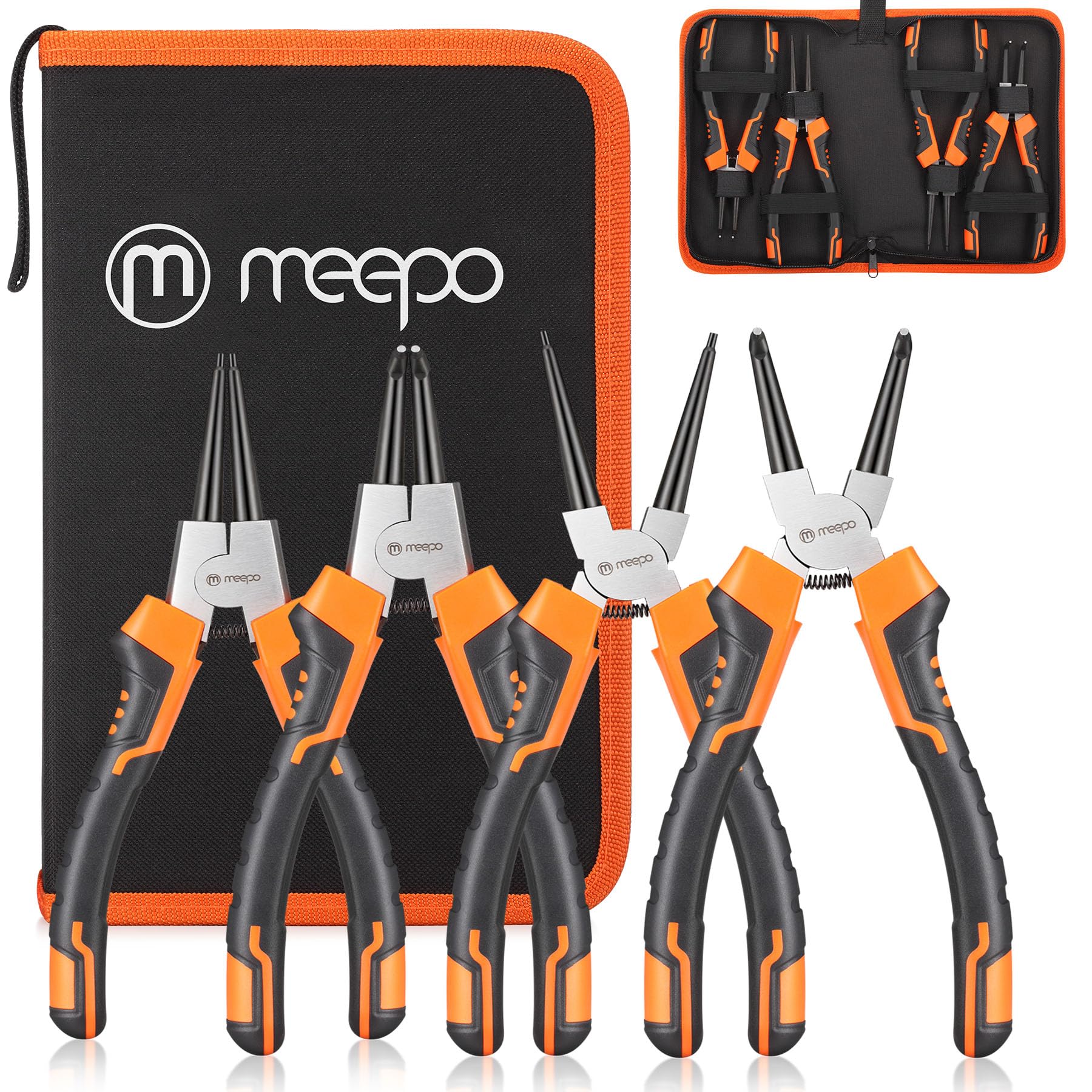 M MEEPO Snap Ring Pliers Set, Heavy Duty 4-piece 7-Inch Internal External Circlip, Straight Bent C-clip Pliers Lock Pliers, 5/64" Tip, for Ring Remover Retaining, with Portable Pouch