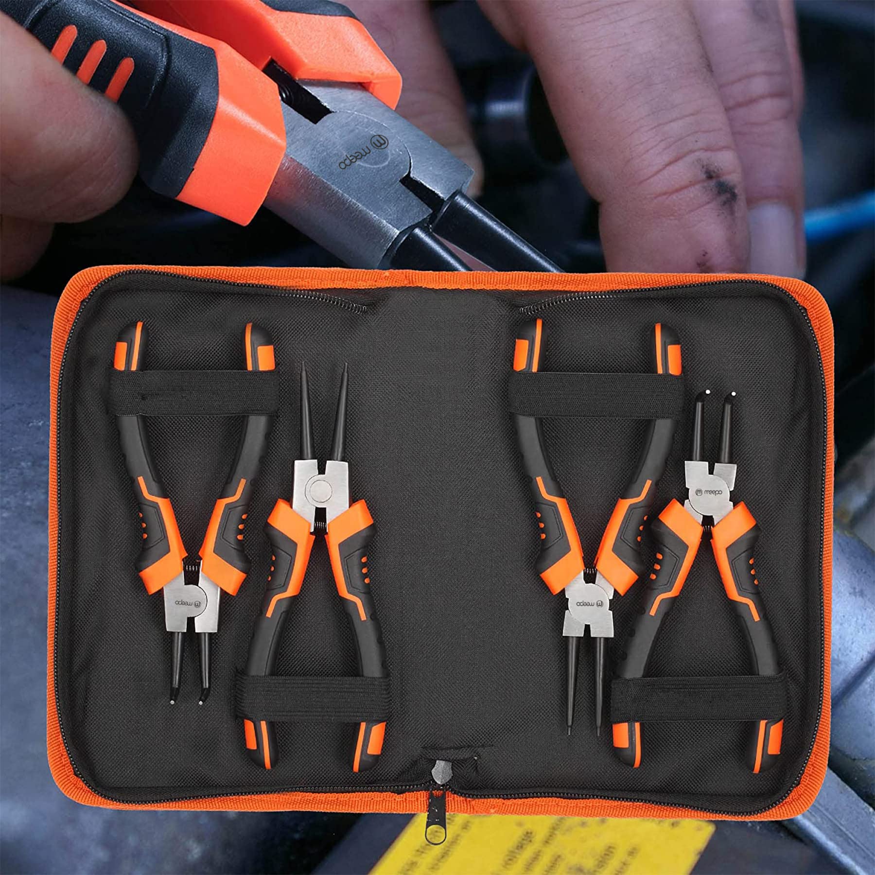 M MEEPO Snap Ring Pliers Set, Heavy Duty 4-piece 7-Inch Internal External Circlip, Straight Bent C-clip Pliers Lock Pliers, 5/64" Tip, for Ring Remover Retaining, with Portable Pouch