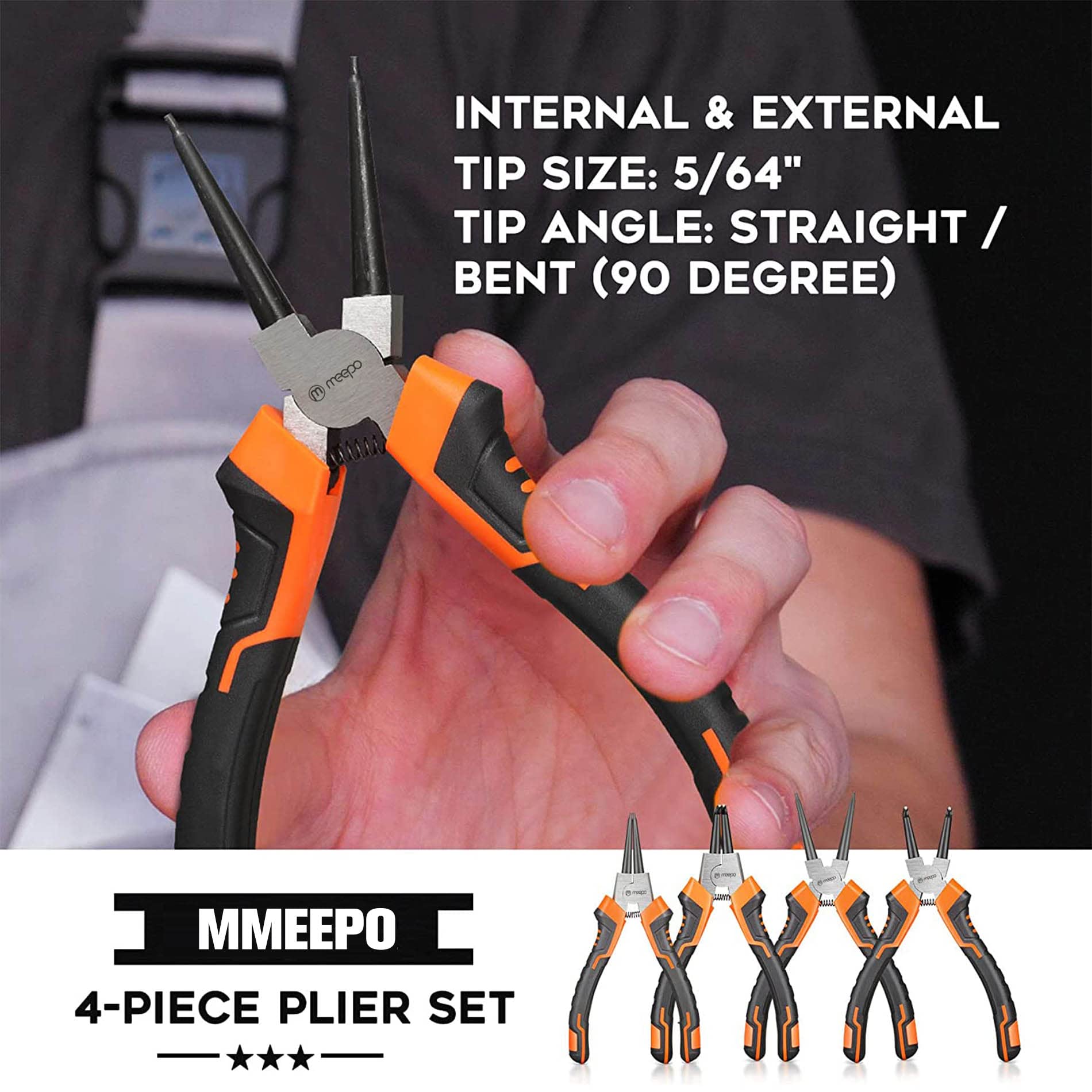 M MEEPO Snap Ring Pliers Set, Heavy Duty 4-piece 7-Inch Internal External Circlip, Straight Bent C-clip Pliers Lock Pliers, 5/64" Tip, for Ring Remover Retaining, with Portable Pouch