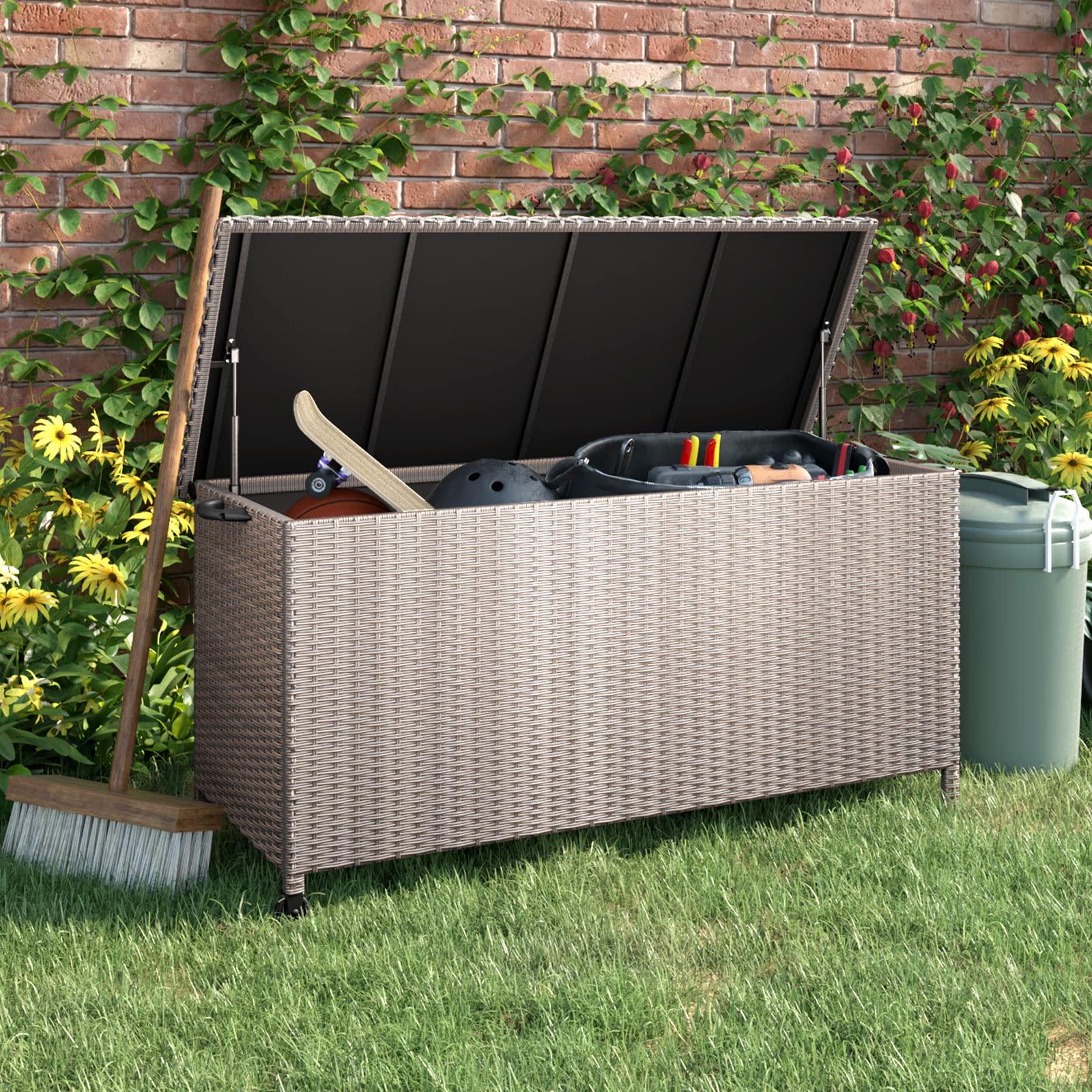 Grand patio 108 Gallon Deck Storage Box Indoor Outdoor Wicker Bin for Patio Furniture Cushions Toys Garden Tools Pool Accessories, Greige