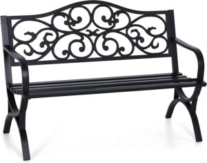 phi villa 50-inch cast iron steel frame garden bench outdoor patio bench chair w/floral design backrest, slatted seat for park, yard & porch, black