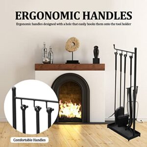 Fireplace Tools Set, 5PCS Black Fireplace Fire Pit Tools, Wrought Iron Fire Place Accessories Ergonomic Handles Outdoor Modern Contemporary Tool, Stand for Outdoor Indoor Chimney, Hearth, Stove, Firep