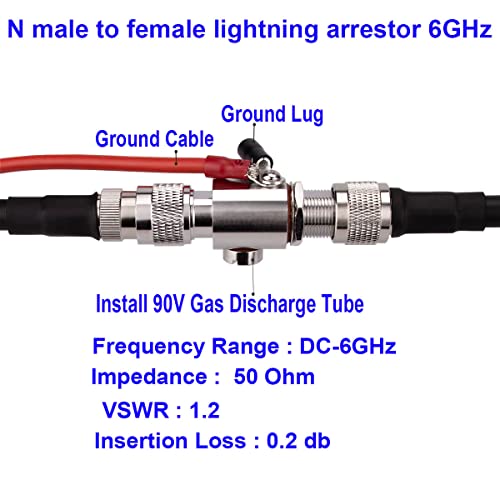 Whisary N Type Lightning Arrestor DC-6 GHz N Male to Female Coaxial Lightning Surge Protector Protects 3G, 4G, 5G,LTE,GPS, 2.4GHz Wi-Fi, 900MHz