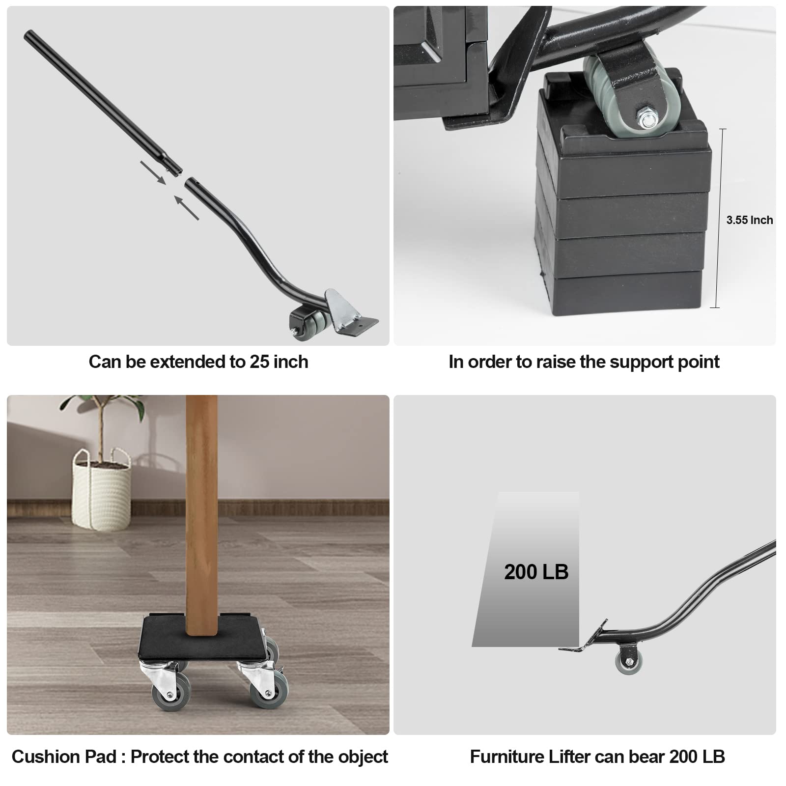 Heavy Furniture Movers with 4 x 360° Rotation Wheels, 5.4x5.4 Inch Carbon Steel Mix Up to 1320LB/600KG Strong Heavy Duty Moving Base Tools with Brake & Lifter for Easy Moving Large Furniture