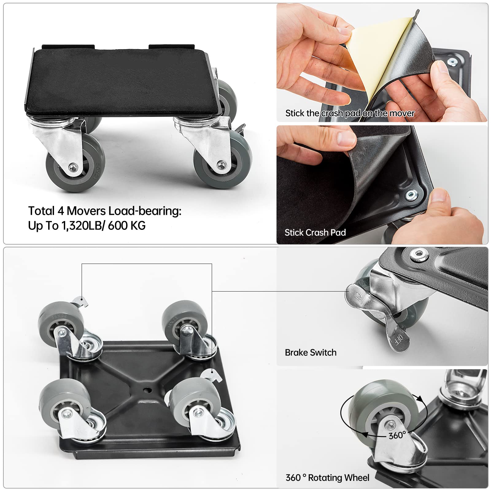 Heavy Furniture Movers with 4 x 360° Rotation Wheels, 5.4x5.4 Inch Carbon Steel Mix Up to 1320LB/600KG Strong Heavy Duty Moving Base Tools with Brake & Lifter for Easy Moving Large Furniture