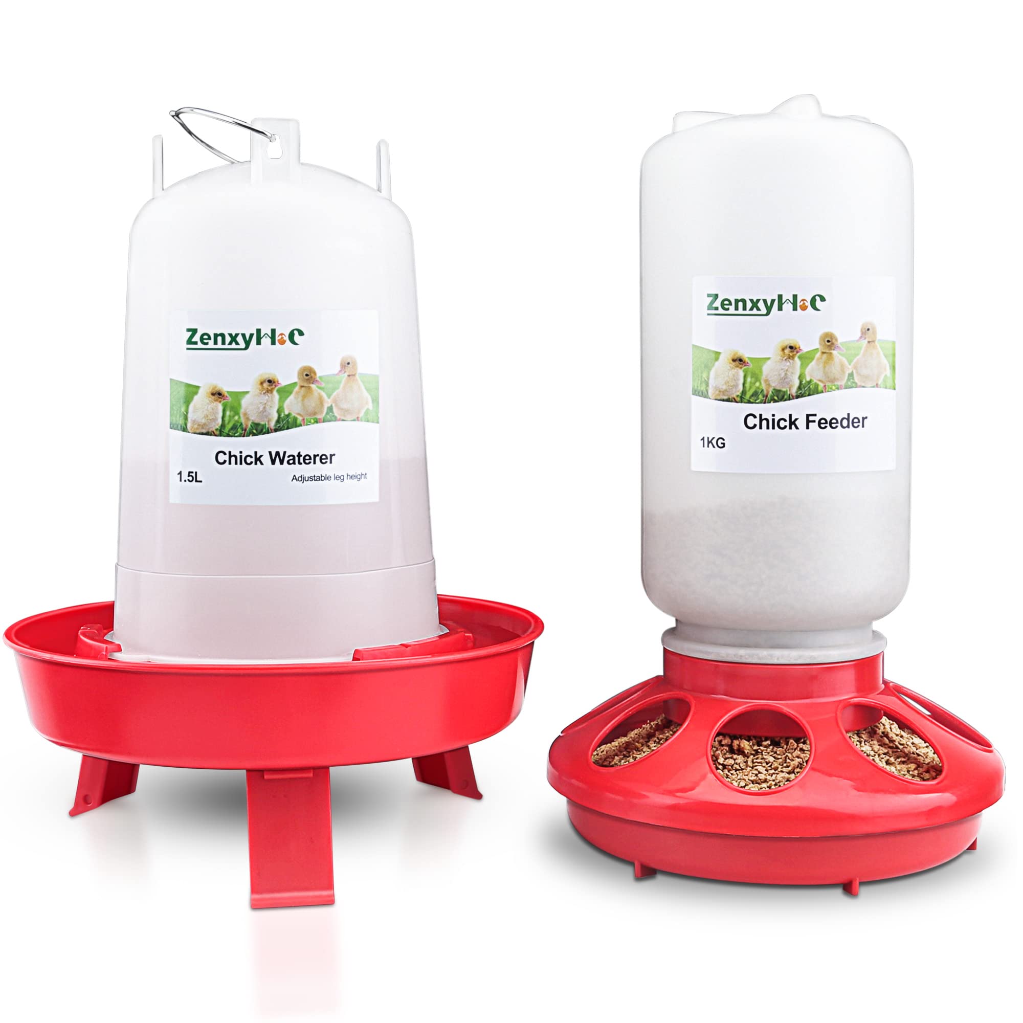 ZenxyHoC 1L Chick Feeder and 1.5L Chick Waterer Kit with 3 Adjustable Heights Combo for Baby Chicken Duck Brooder