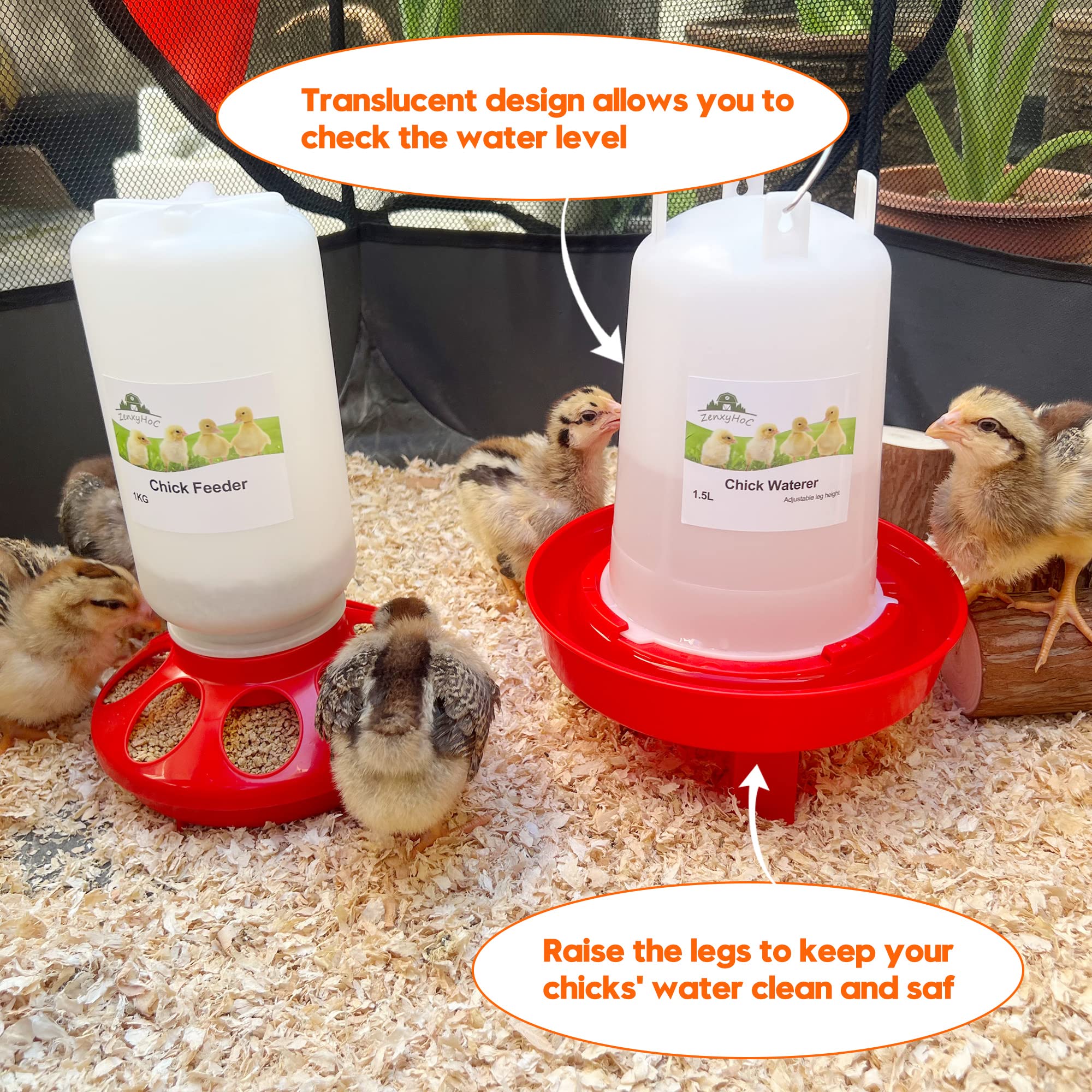 ZenxyHoC 1L Chick Feeder and 1.5L Chick Waterer Kit with 3 Adjustable Heights Combo for Baby Chicken Duck Brooder