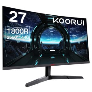 koorui qhd curved 27 inch monitor, fast va computer gaming monitor(2560 * 1440p, r1800, 144hz, 1ms, dci-p3 85%, dp+hdmi, game mode, eye protection, rocker button), narrow bezel