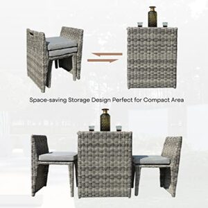 AcePRO Rio 3-Piece Rattan Bistro Set Outdoor Patio with Grey Cushions, NO Assembly